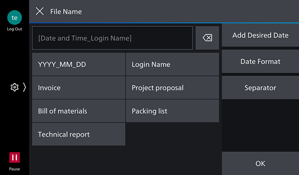 [File Name] Screen (when Candidate Strings for File Names Are Registered)
