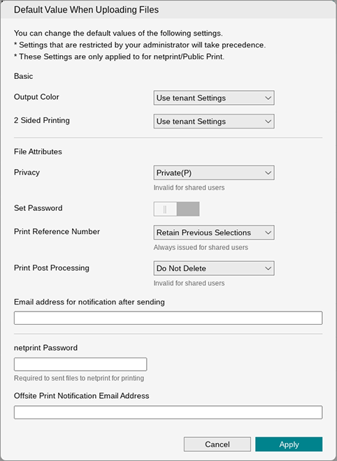 [Default Value When Uploading Files] Screen